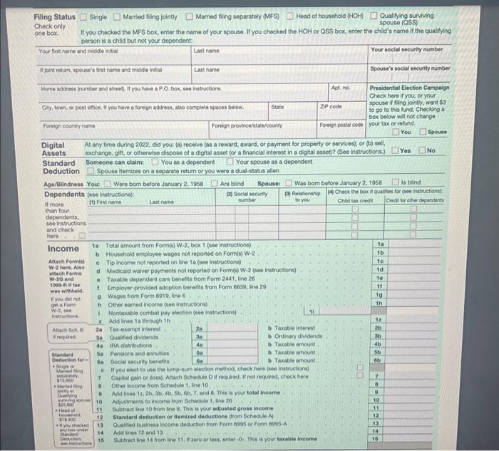 Part I Additional Income 1 Taxable refunds, credits, | Chegg.com