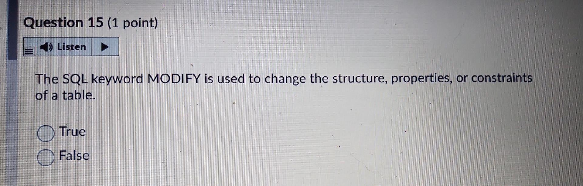 Solved Question 15 (1 point) Listen The SQL keyword MODIFY | Chegg.com