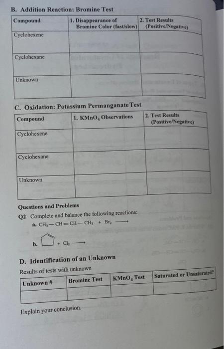 Solved B. Addition Reaction: Bromine Test Compound 1. | Chegg.com