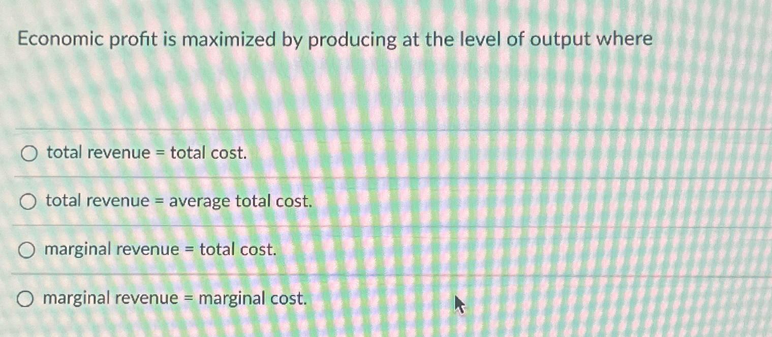Solved Economic profit is maximized by producing at the | Chegg.com