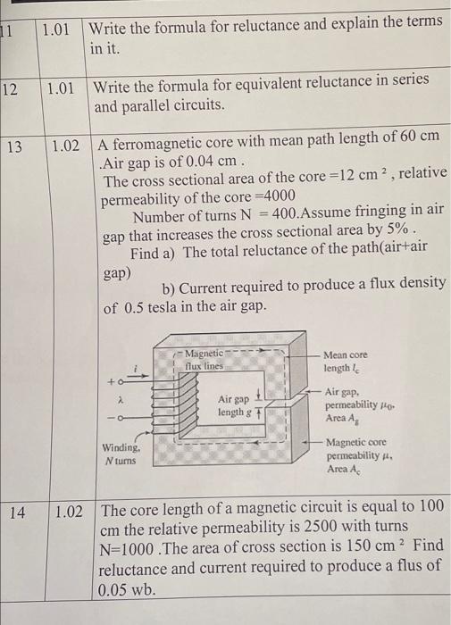Solved 11 12 13 14 1.01 Write the formula for reluctance and | Chegg.com