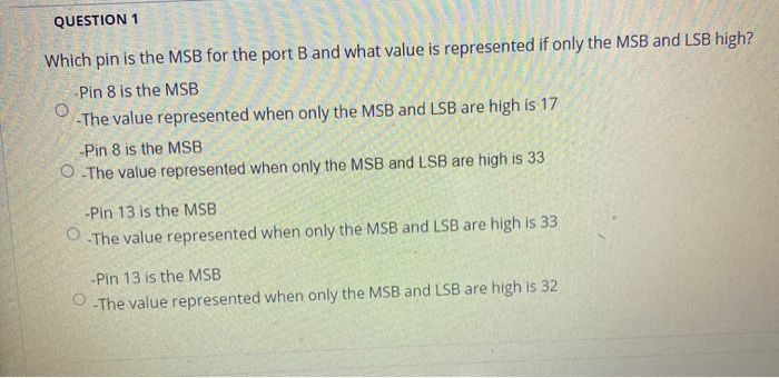 Solved QUESTION 1 Which pin is the MSB for the port B and | Chegg.com