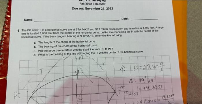 Solved 1 The PC and PT of a horizontal curve are at STA | Chegg.com