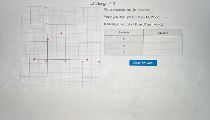 Solved 12 Challenge #10 Plot a parabola through the points. | Chegg.com