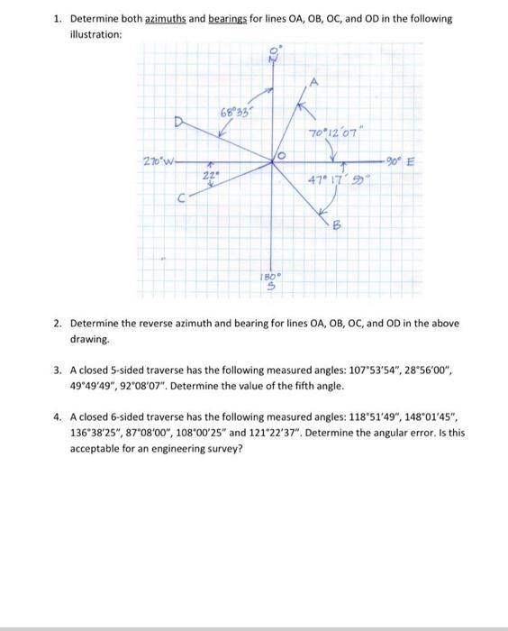 Solved 1. Determine both azimuths and bearings for lines OA, | Chegg.com