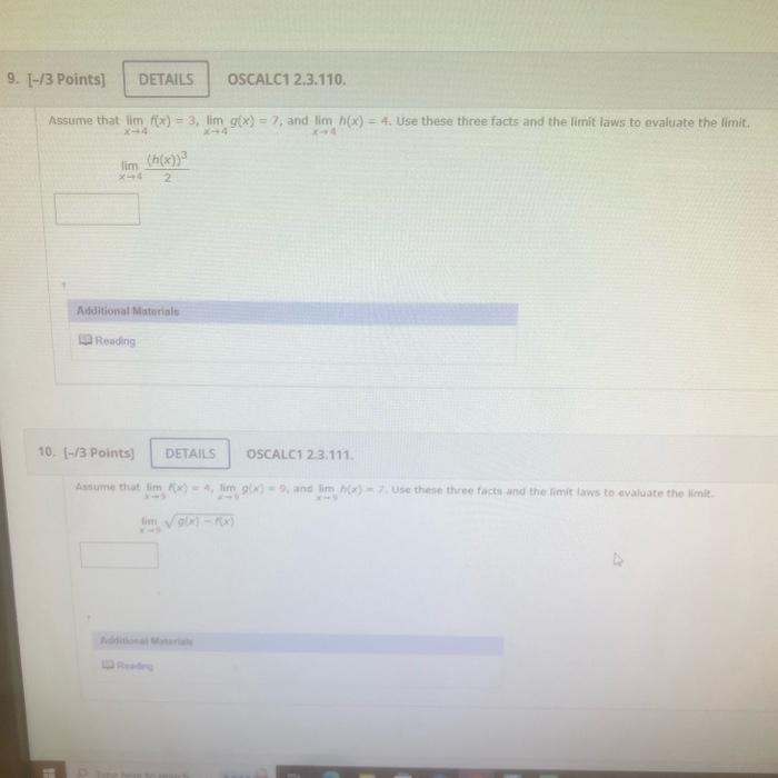 Solved 9. [-/3 Points] + Assume that lim f(x) = 3, lim g(x) | Chegg.com