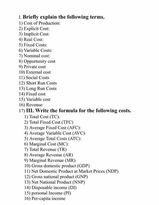 Solved I. Briefly explain the following terms. 1) Cost of | Chegg.com