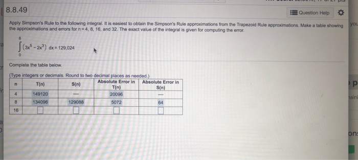 Solved 8.8.49 E Question Help you Apply Simpson's Rule to | Chegg.com