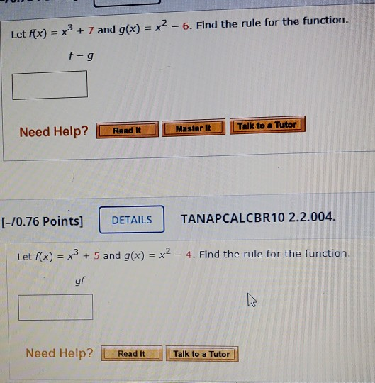Solved Let f(x) = x3 + 7 and g(x) = x2 - 6. Find the rule | Chegg.com