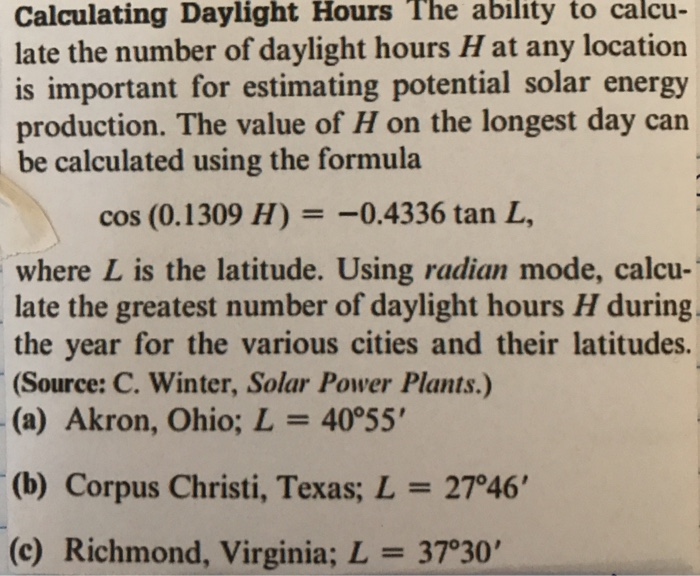 Solved Calculating Daylight Hours The ability to calcu- late | Chegg.com