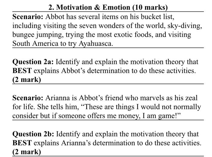 Solved 2. Motivation \& Emotion (10 marks) Scenario: Abbot | Chegg.com