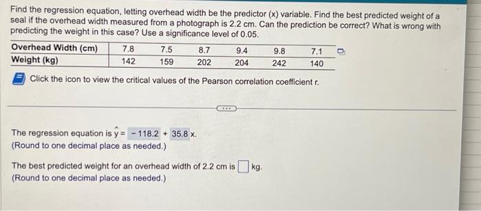 Solved Find the regression equation, letting overhead width | Chegg.com