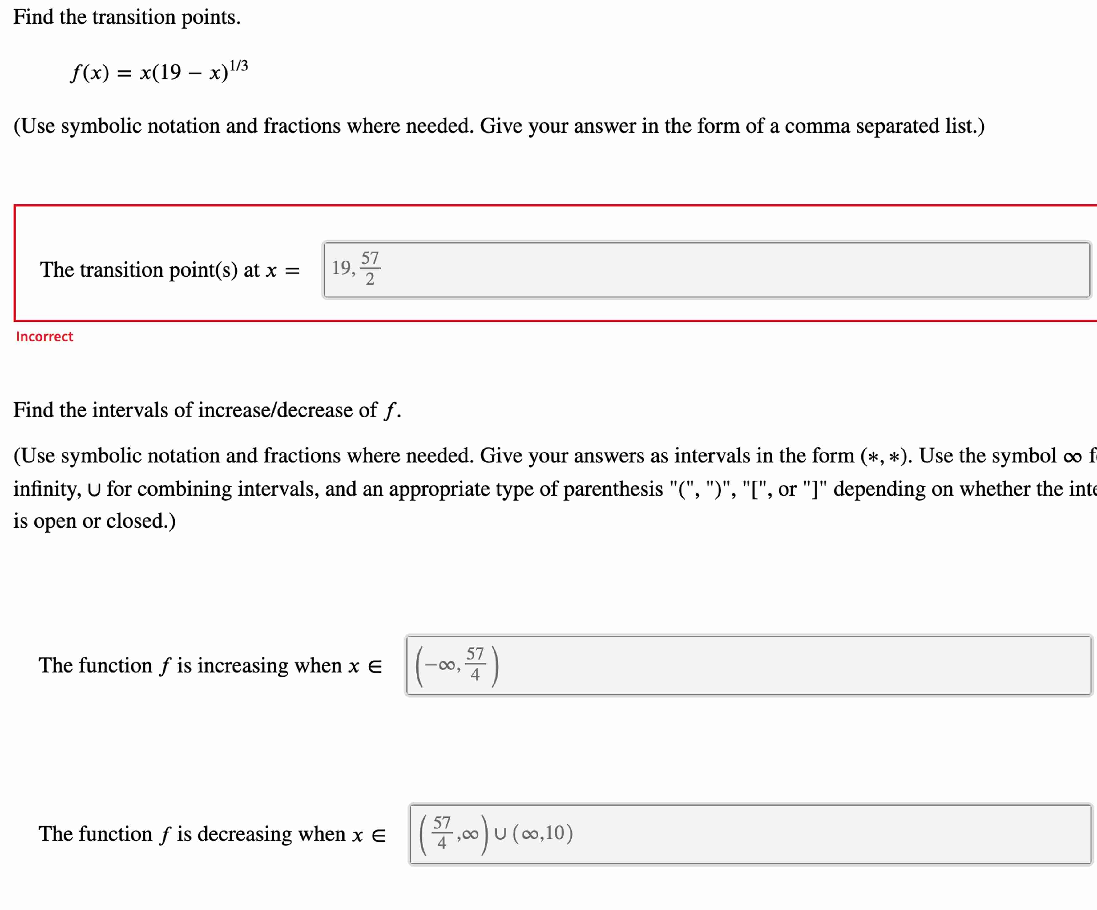 Solved Find the transition points.f(x)=x(19-x)13(Use | Chegg.com
