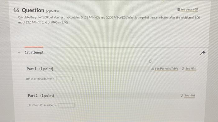 Solved 16 Question 2 points) See page 768 Calculate the pH | Chegg.com Solved 16 Question 2 points) See page 768 Calculate the pH | Chegg.com