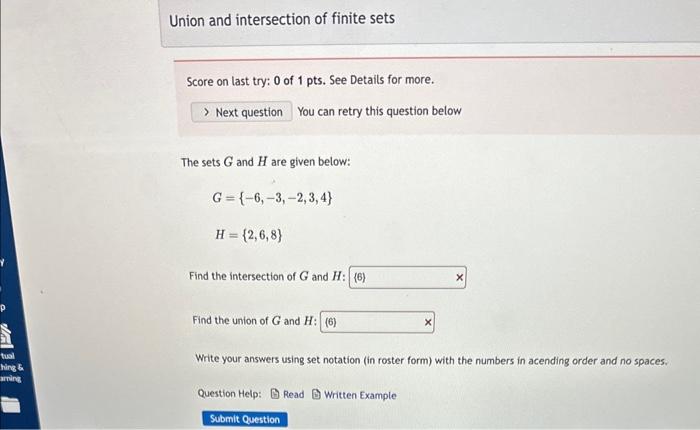 Solved Union and intersection of finite sets Score on last | Chegg.com
