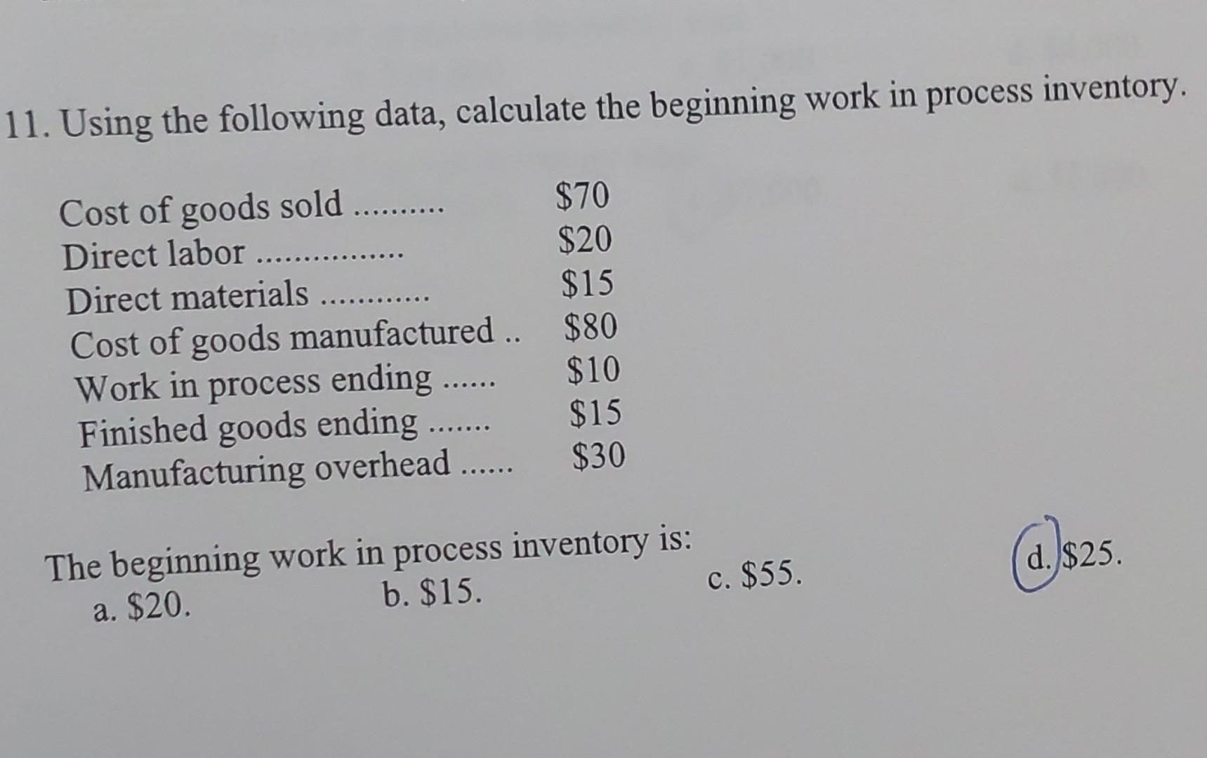 Solved 11. Using the following data, calculate the beginning | Chegg.com