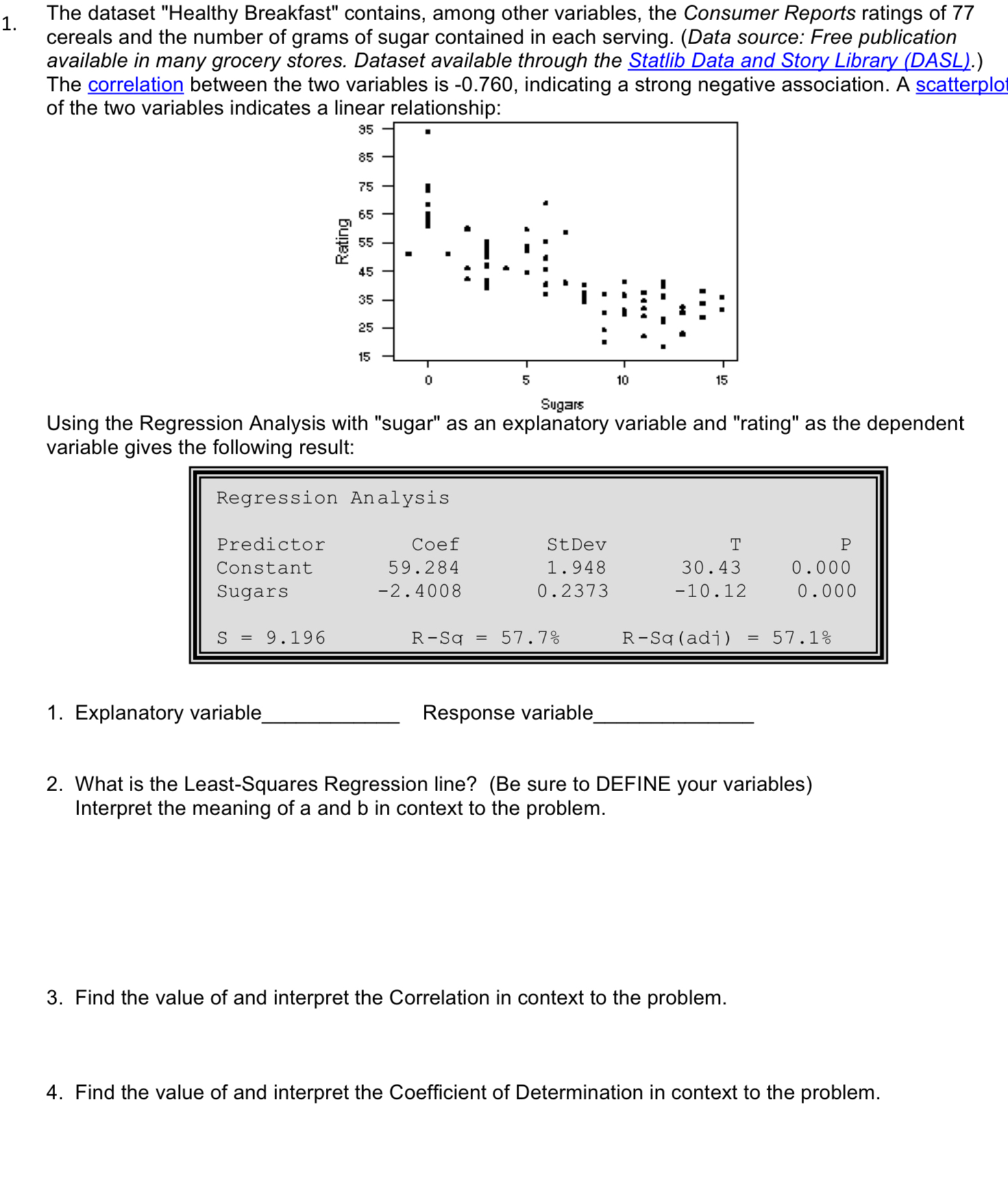 Solved The dataset "Healthy Breakfast" contains, among other | Chegg.com