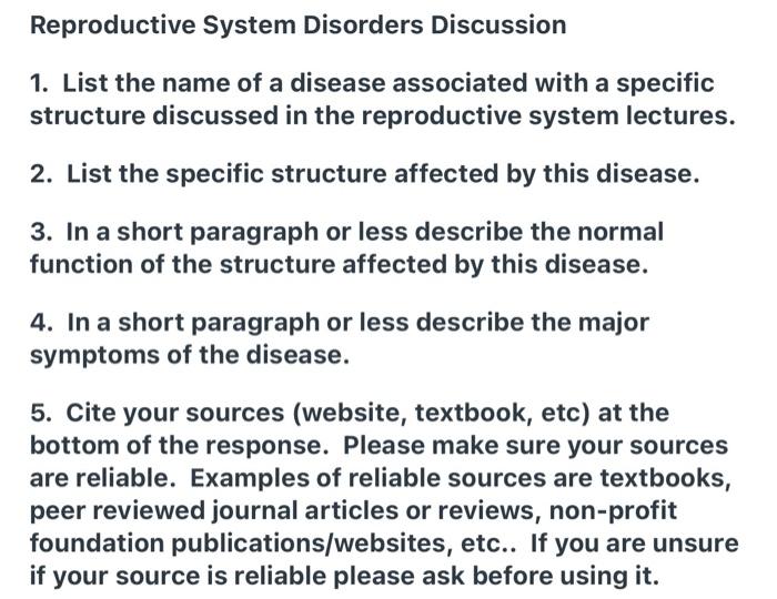 Solved Reproductive System Disorders Discussion 1. List the | Chegg.com