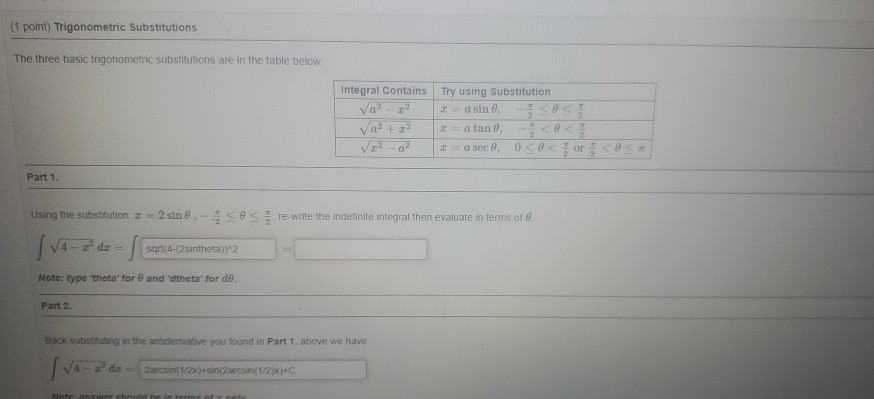 Solved (1 point) Trigonometric Substitutions The three basic | Chegg.com