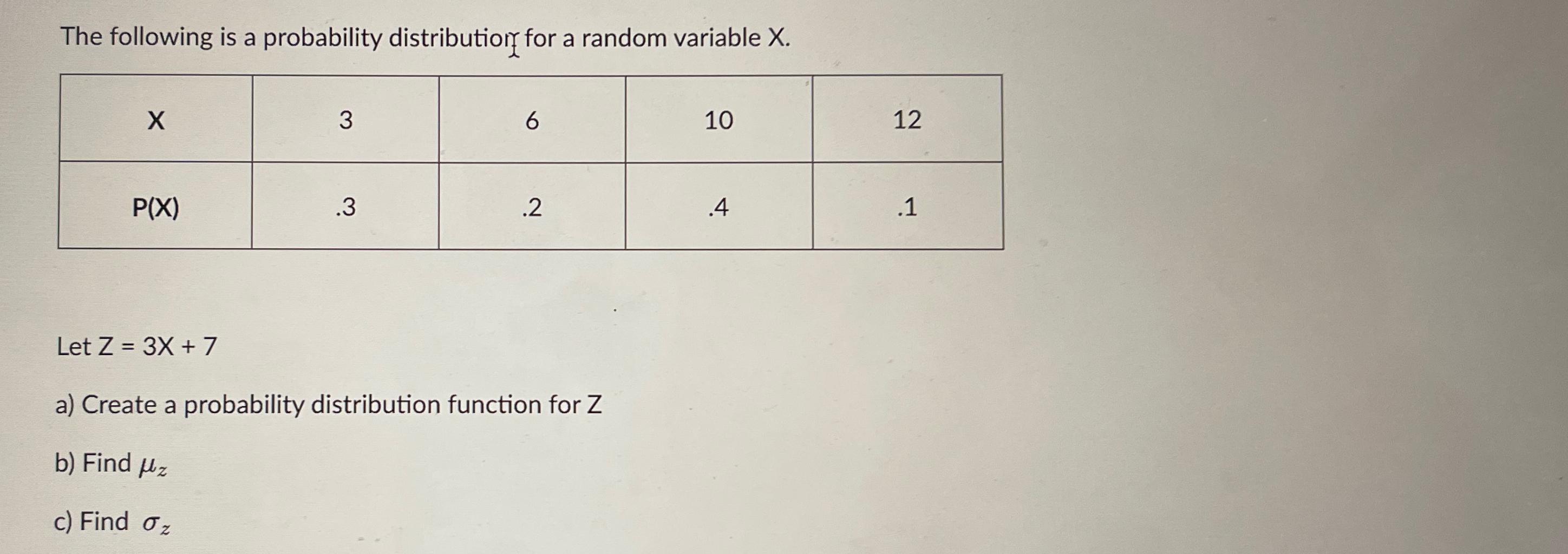 Solved The following is a probability distribution for a | Chegg.com