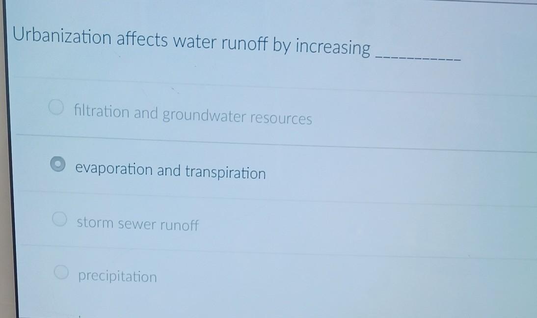 Solved Urbanization affects water runoff by increasing | Chegg.com