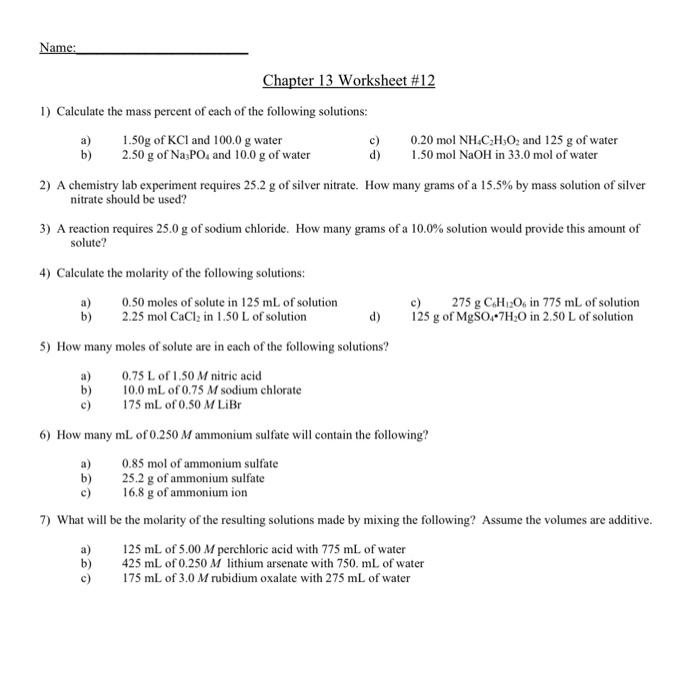 Solved 1) Calculate the mass percent of each of the | Chegg.com
