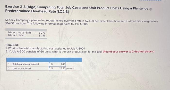 Solved Exercise 2-3 (Algo) Computing Total Job Costs and | Chegg.com Solved Exercise 2-3 (Algo) Computing Total Job Costs and | Chegg.com