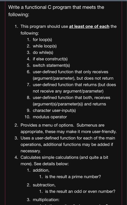 Solved Write a functional C program that meets the | Chegg.com