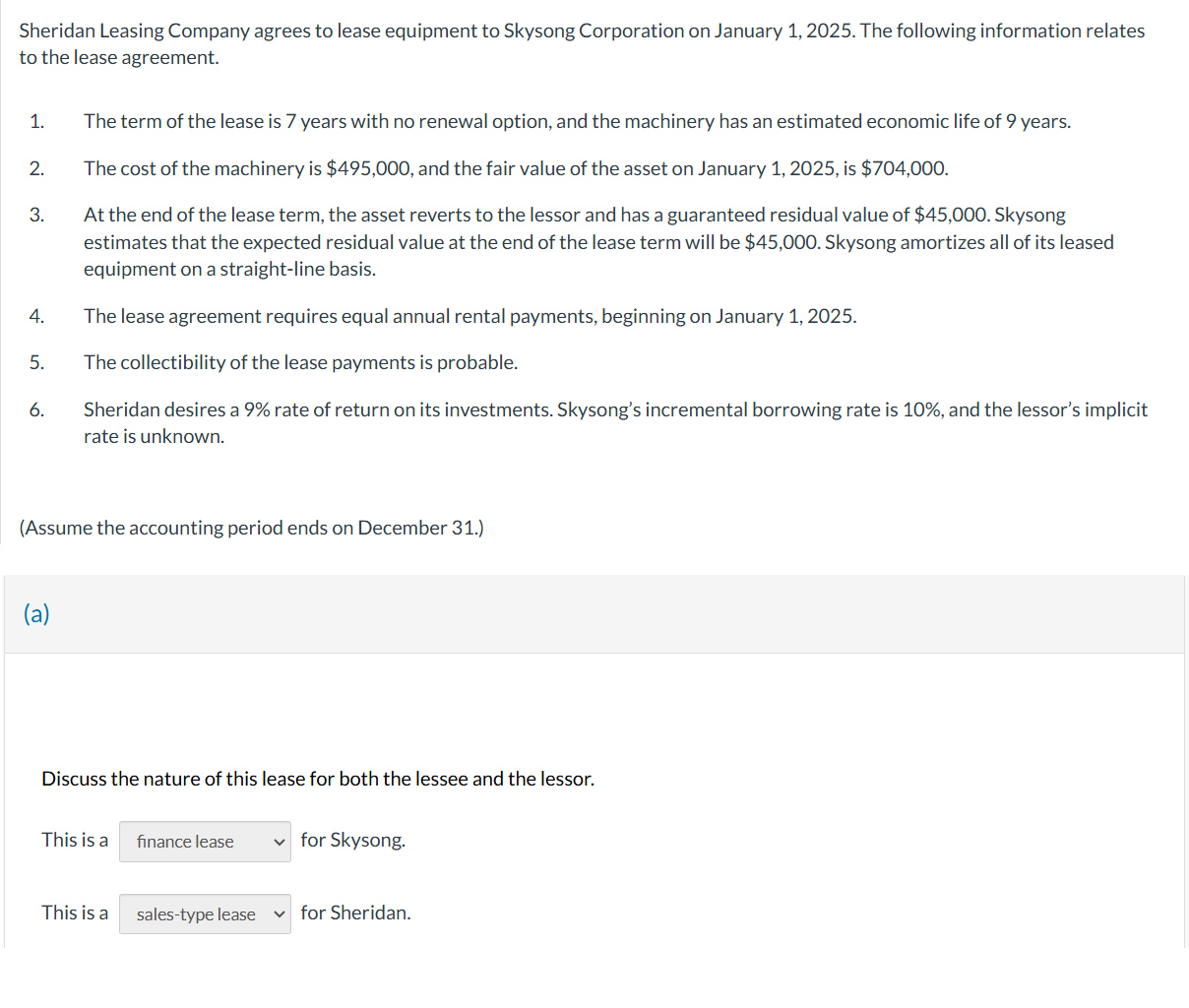 Solved Sheridan Leasing Company agrees to ﻿lease equipment | Chegg.com