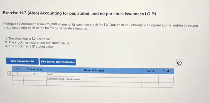 Solved Exercise 11-3 (Algo) Accounting for par, stated, and | Chegg.com