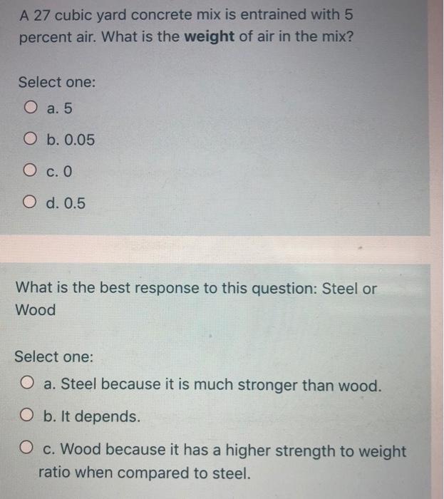 Solved A 27 cubic yard concrete mix is entrained with 5 | Chegg.com