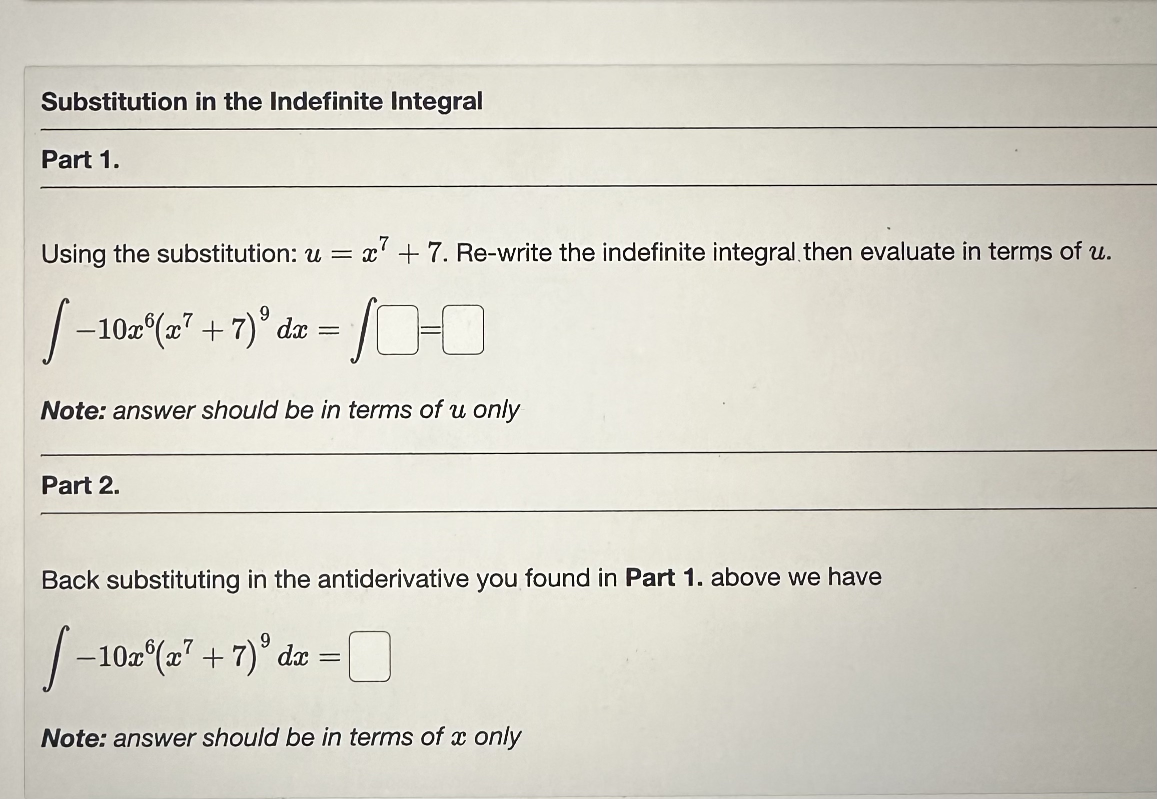 Solved Substitution in the Indefinite IntegralPart 1.Using | Chegg.com