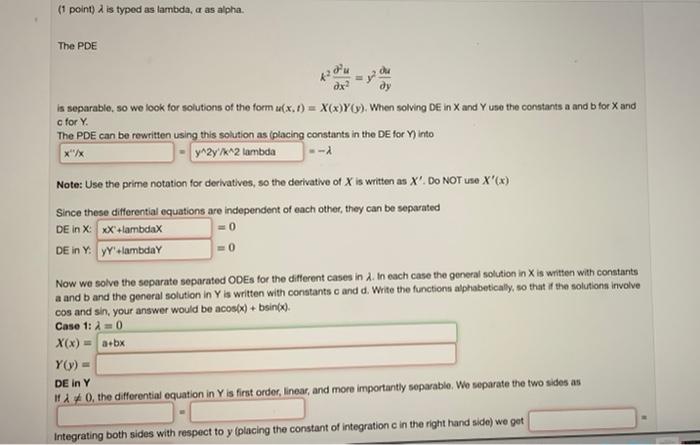 Solved (1 point) is typed as lambda, a as alpha. The PDE 12 | Chegg.com