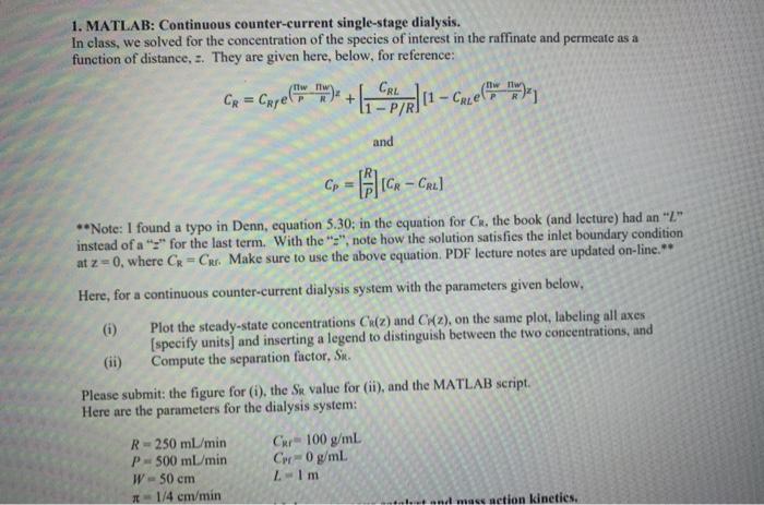 1. MATLAB: Continuous counter-current single-stage | Chegg.com