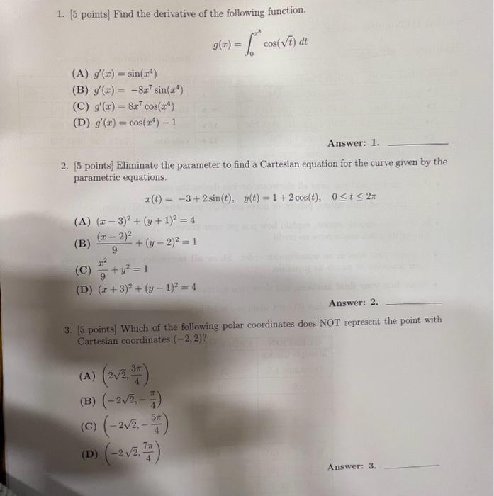 Solved 1. [5 points] Find the derivative of the following | Chegg.com