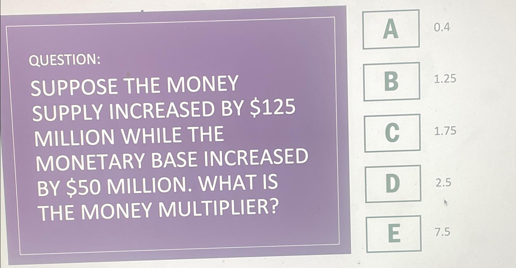 Solved QUESTION:SUPPOSE THE MONEY SUPPLY INCREASED BY $125 | Chegg.com