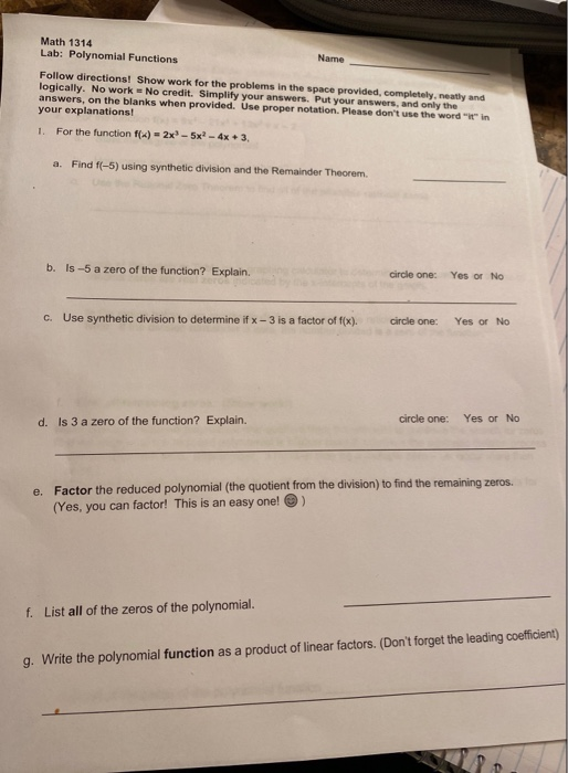 Solved Math 1314 Lab: Polynomial Functions Name Follow | Chegg.com