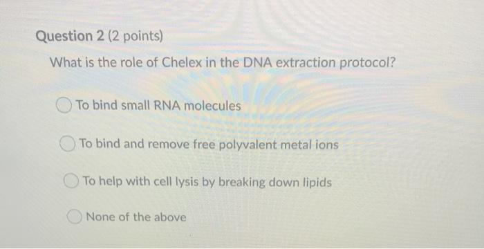 Solved Question 2 (2 points) What is the role of Chelex in | Chegg.com
