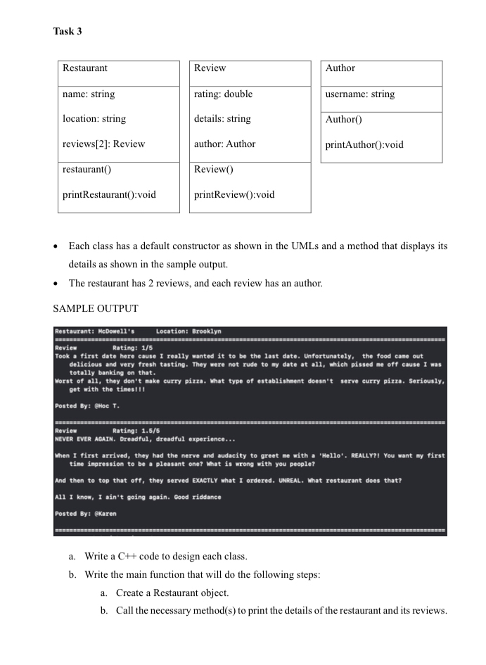 Solved Task 3\table[[Restaurant],[name: string],[location: | Chegg.com