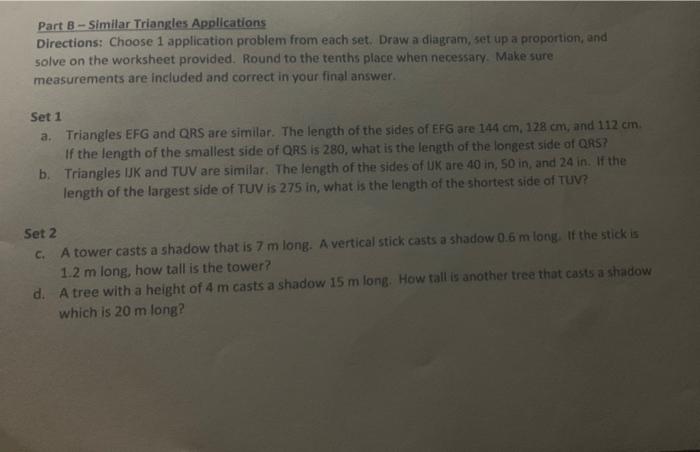 Solved Part B - Similar Triangles Applications Directions: | Chegg.com