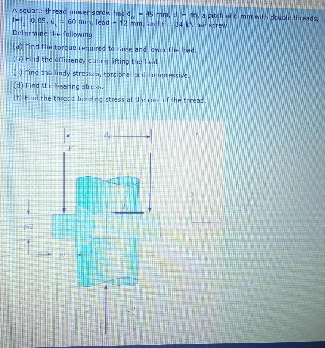 Solved A square-thread power screw has d. 49 mm, d, = 46, a | Chegg.com