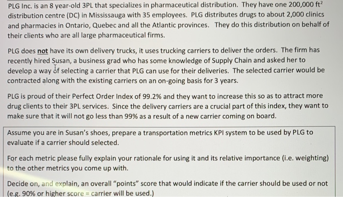 Solved PLG Inc. is an 8 year-old 3PL that specializes in | Chegg.com