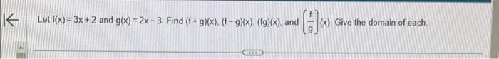 Solved K Let f(x)= 3x+2 and g(x)=2x-3. Find (f+g)(x), (f- | Chegg.com