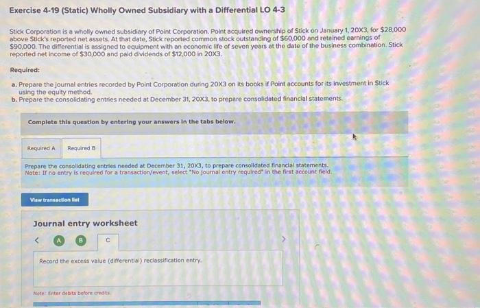 Solved Exercise 4-19 (Static) Wholly Owned Subsidiary with a | Chegg.com