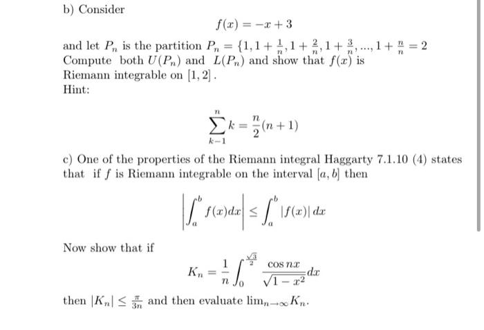 Solved b) Consider f(x)=−x+3 and let Pn is the partition | Chegg.com