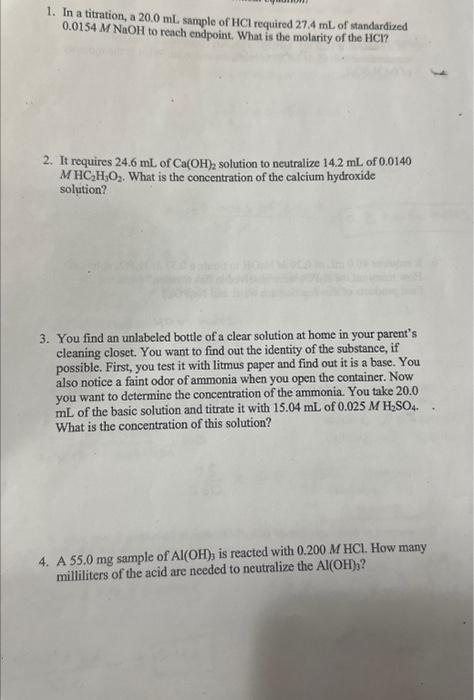 Solved 1. In a titration, a 20.0 mL sample of HCl required | Chegg.com