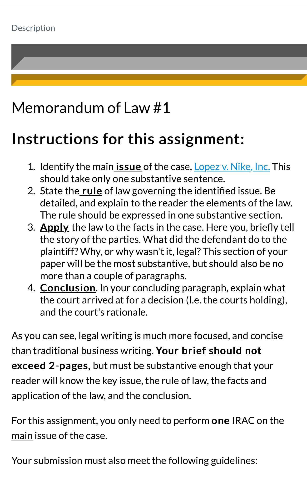 Solved DescriptionMemorandum of Law #1Instructions for this | Chegg.com