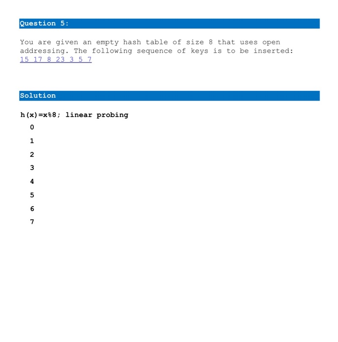 Solved Question 5: You are given an empty hash table of size | Chegg.com