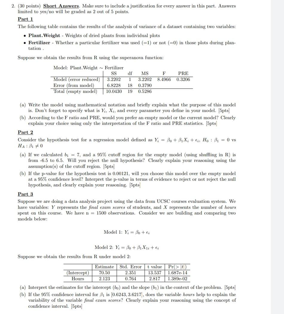 Solved 2. (30 points) Short Answers. Make sure to include a | Chegg.com