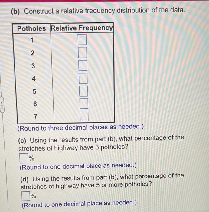 Solved The following data represent the number of potholes | Chegg.com